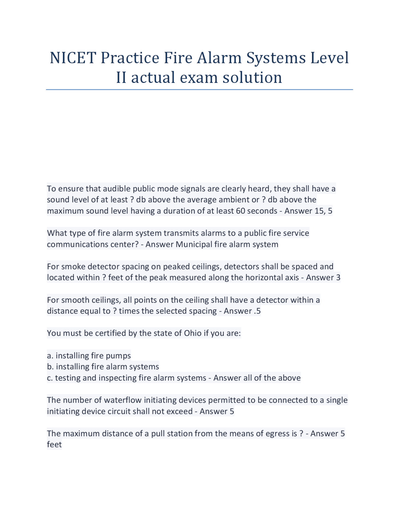 NICET Practice Fire Alarm Systems Level II actual exam solution | Exams ...