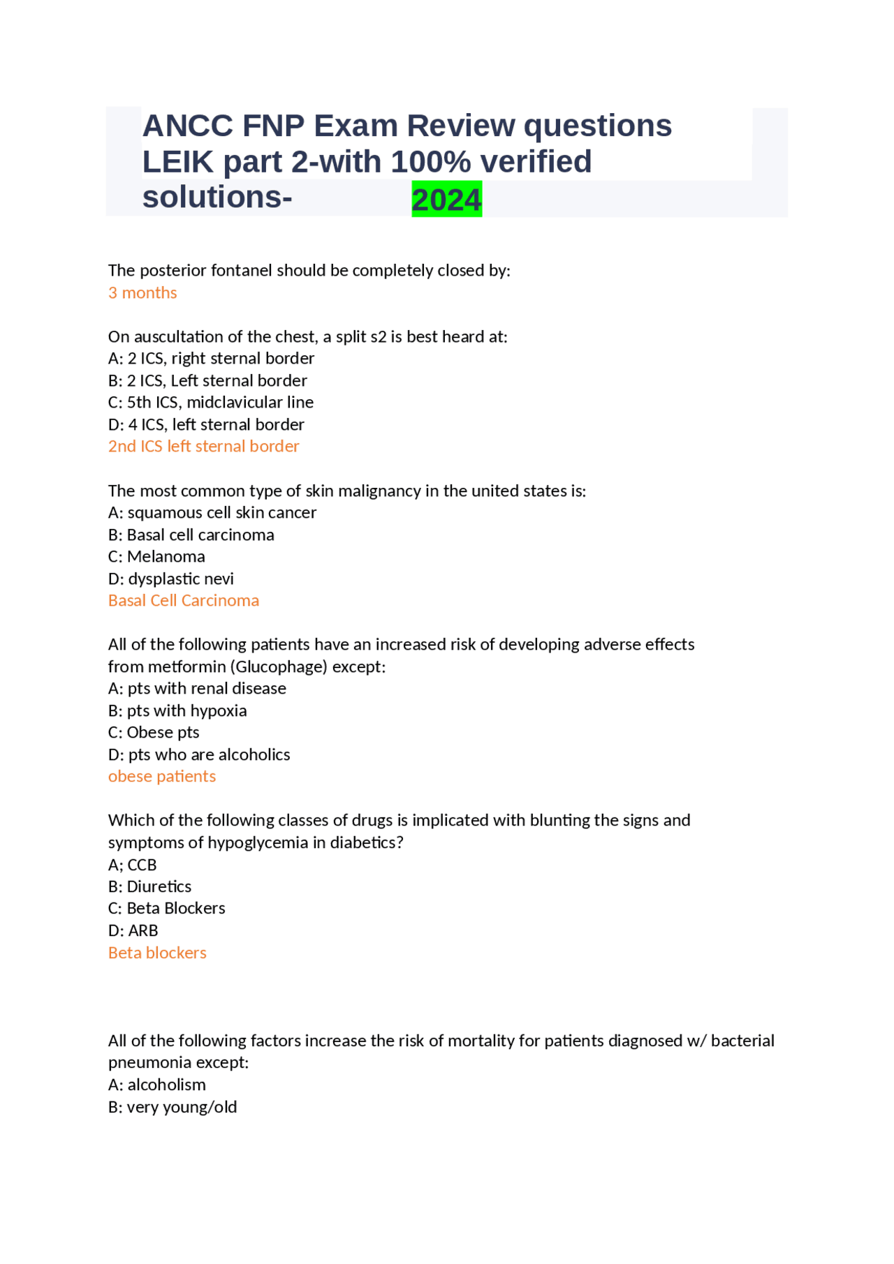 ANCC FNP Exam Review questions LEIK part 2-with 100% verified solutions ...