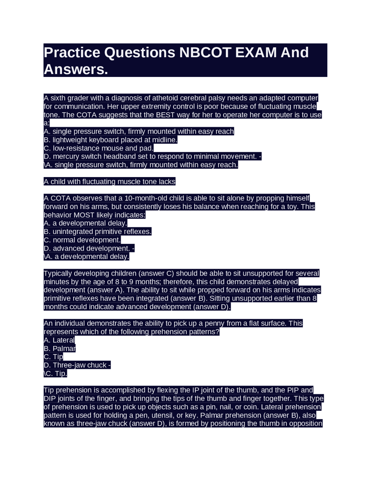 Practice Questions NBCOT EXAM And Answers. | Exams Occupational therapy ...