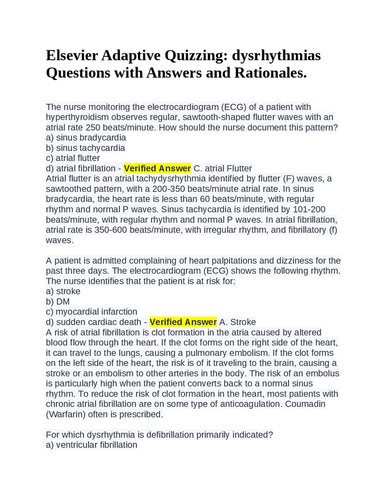 Elsevier Adaptive Quizzing: dysrhythmias Questions with Answers and Rationales. | Exams ...