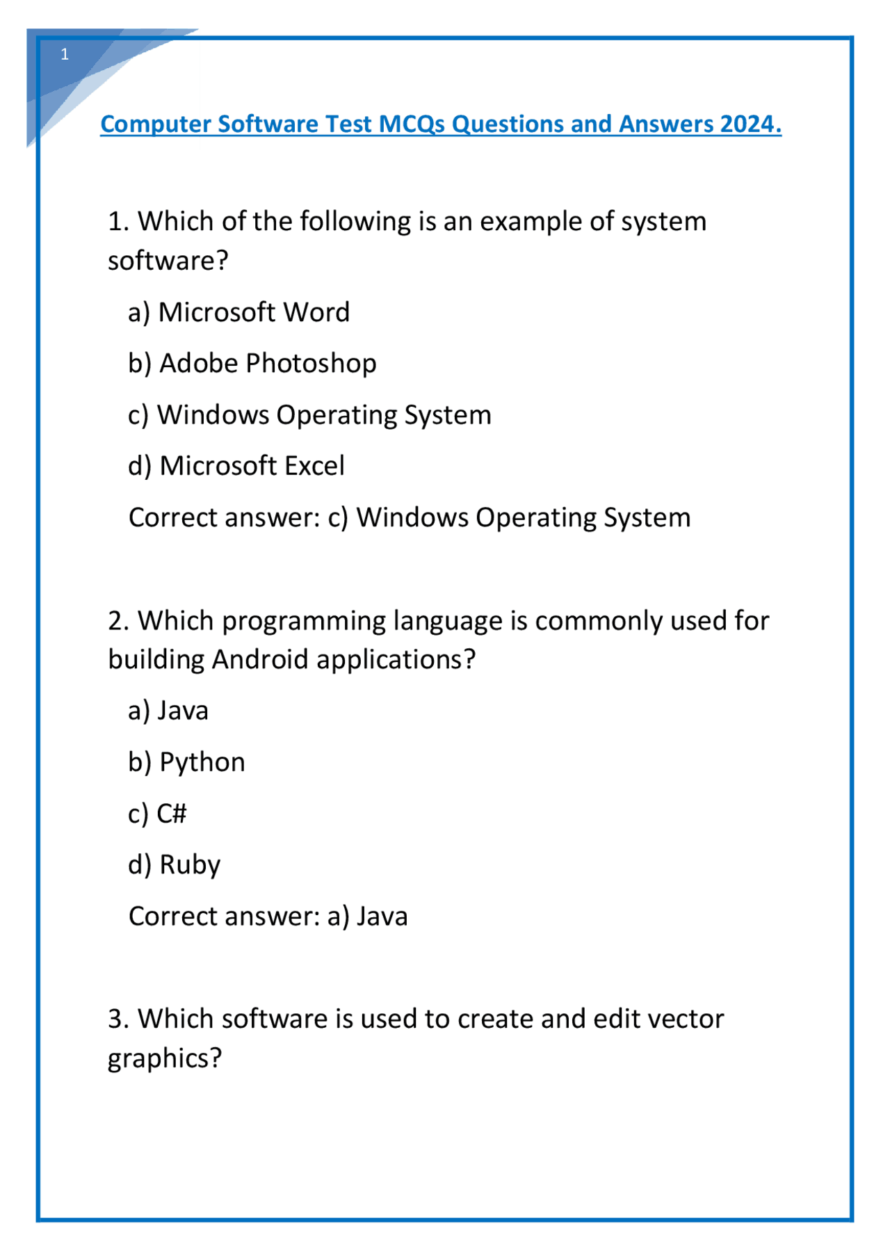 Computer Software Test MCQs 2024 | Exams Computer Science | Docsity