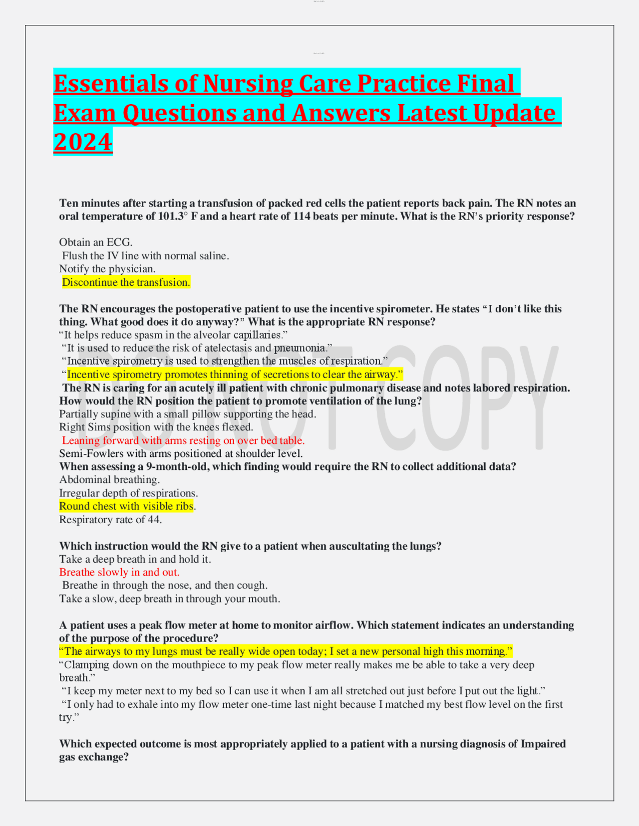 Essentials of Nursing Care Practice Final Exam Questions and Answers ...