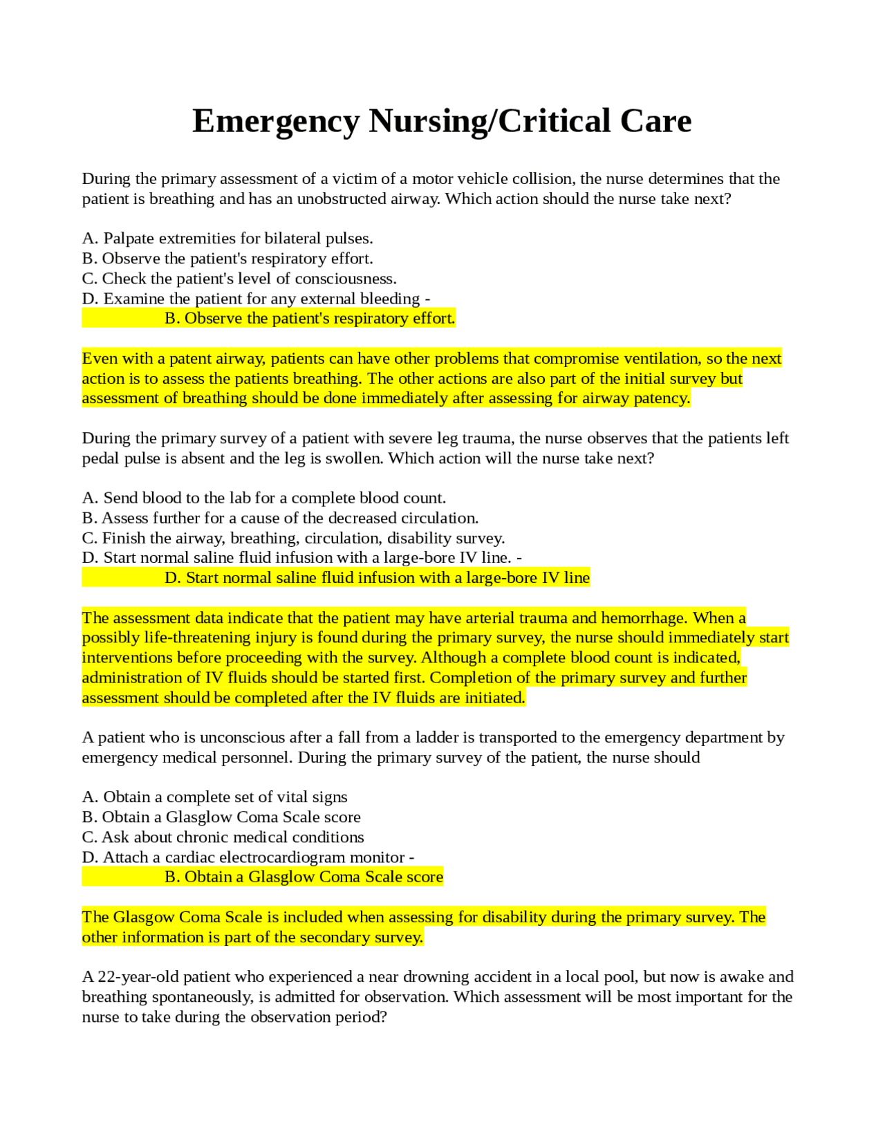 Emergency and Critical Care Nursing | Exams Nursing | Docsity