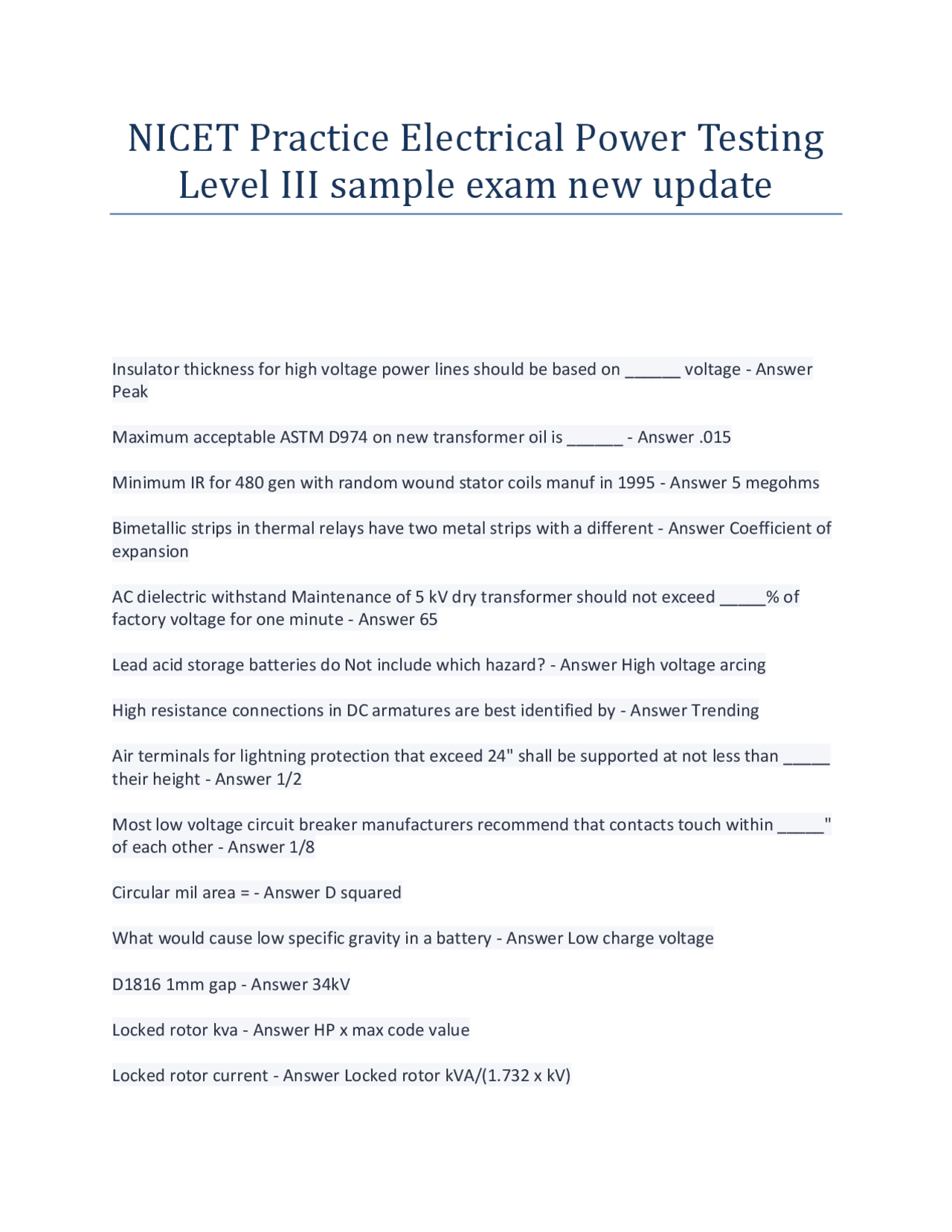 NICET Practice Electrical Power Testing Level III sample exam new ...