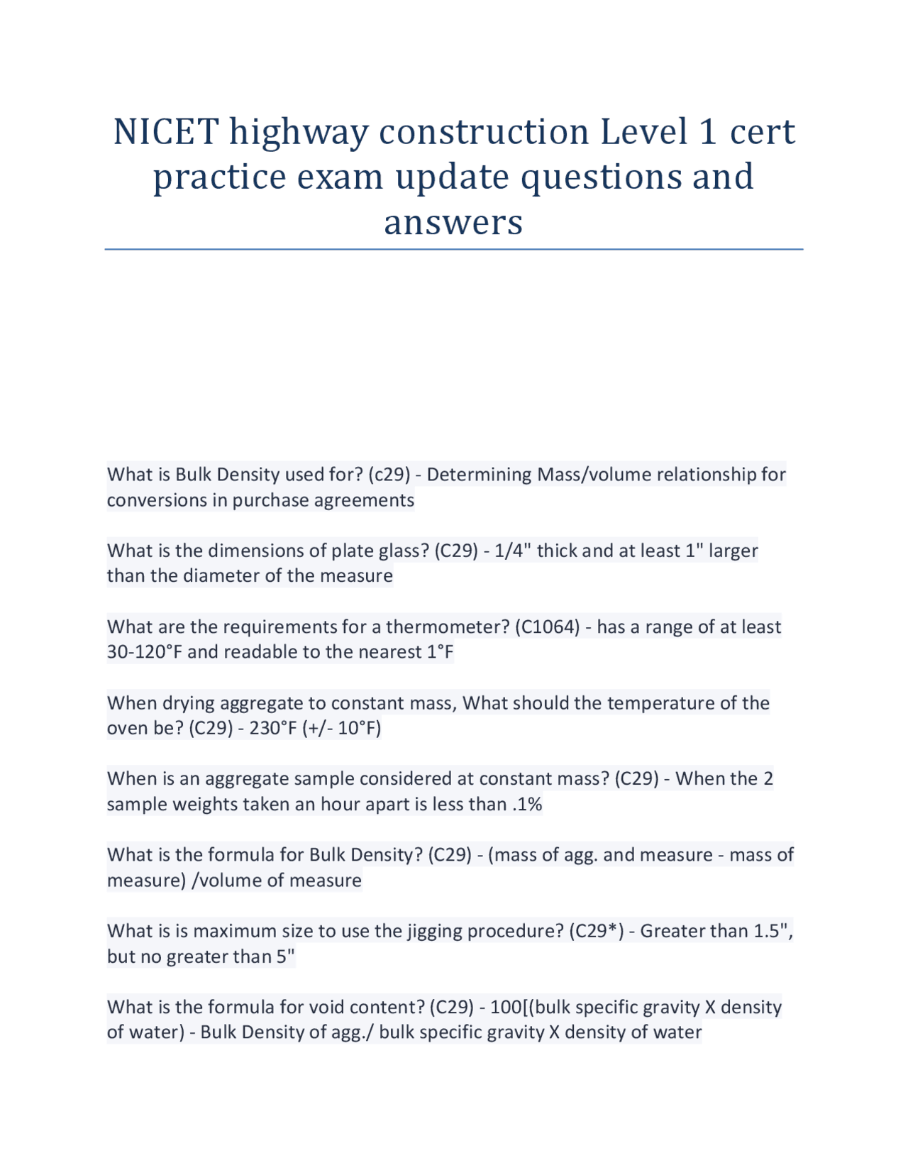 NICET highway construction Level 1 cert practice exam update questions ...