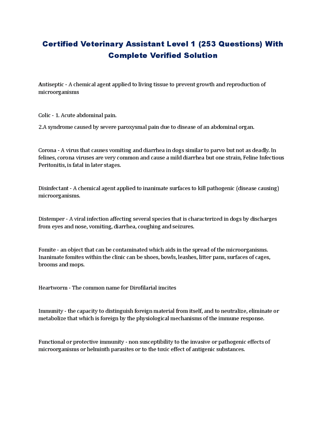 Certified Veterinary Assistant Level 1 (253 Questions) With Complete ...