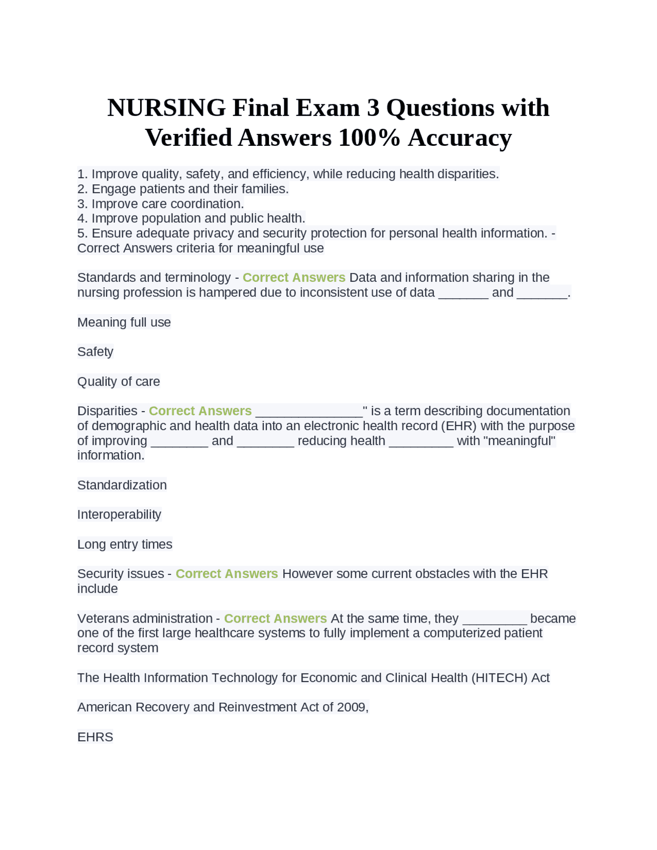 NURSING Final Exam 3 Questions with Verified Answers 100% Accuracy ...