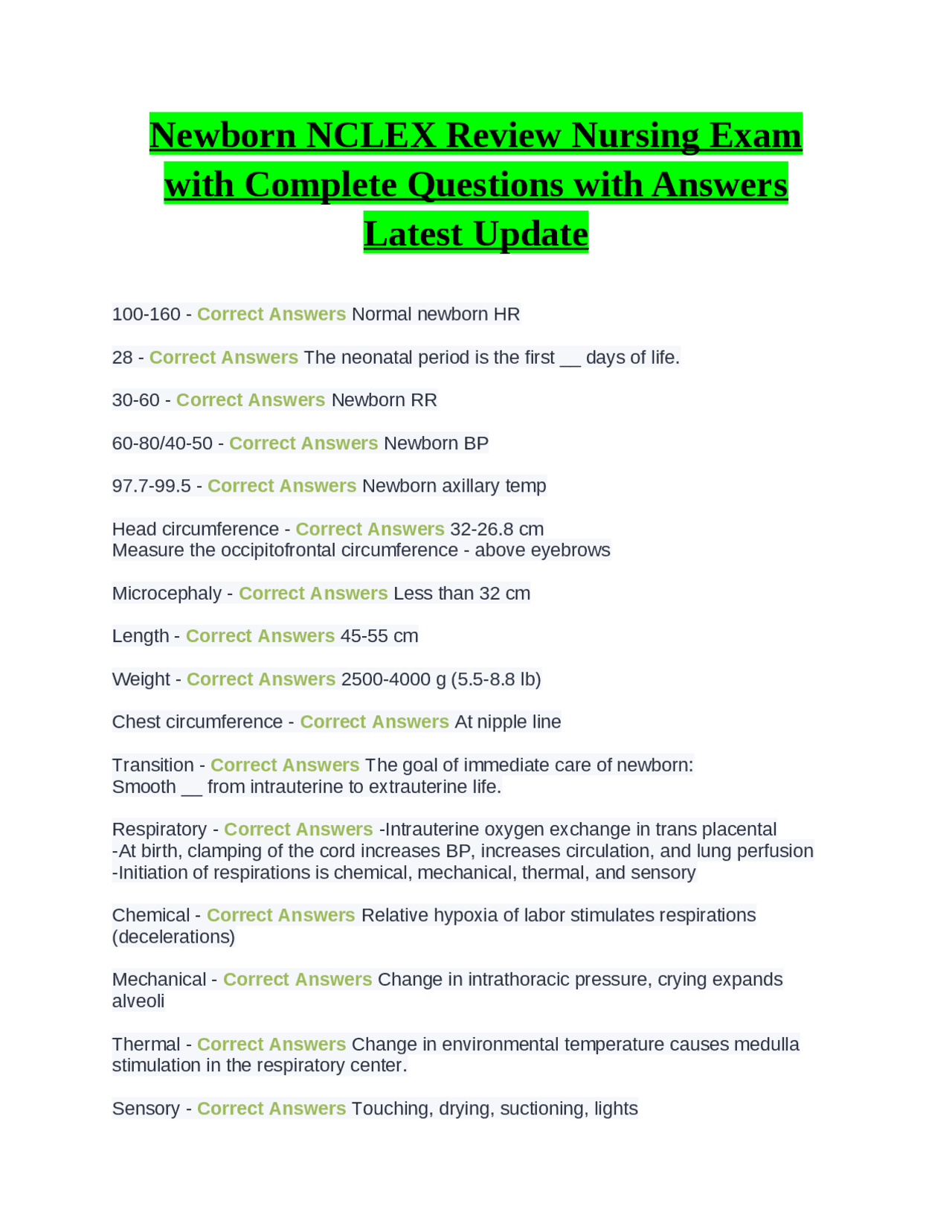 Newborn Nclex Review Comprehensive Exam With Answers And Explanations