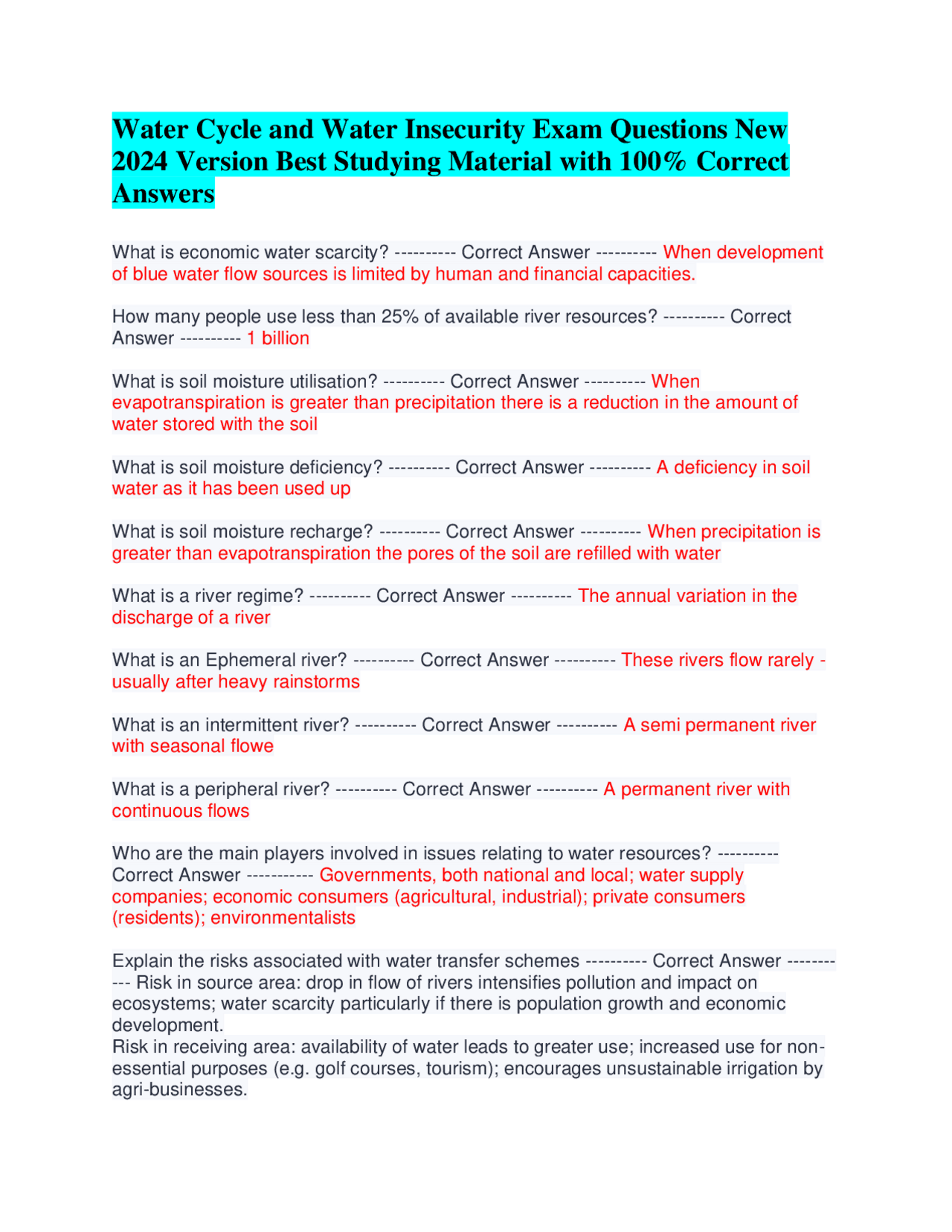 Water Cycle and Water Insecurity Exam Questions New 2024 Version Best ...