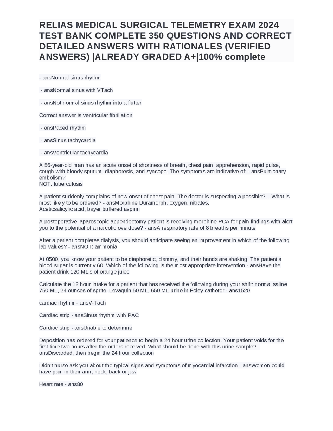 RELIAS MEDICAL SURGICAL TELEMETRY EXAM 2024 TEST BANK COMPLETE 350 ...