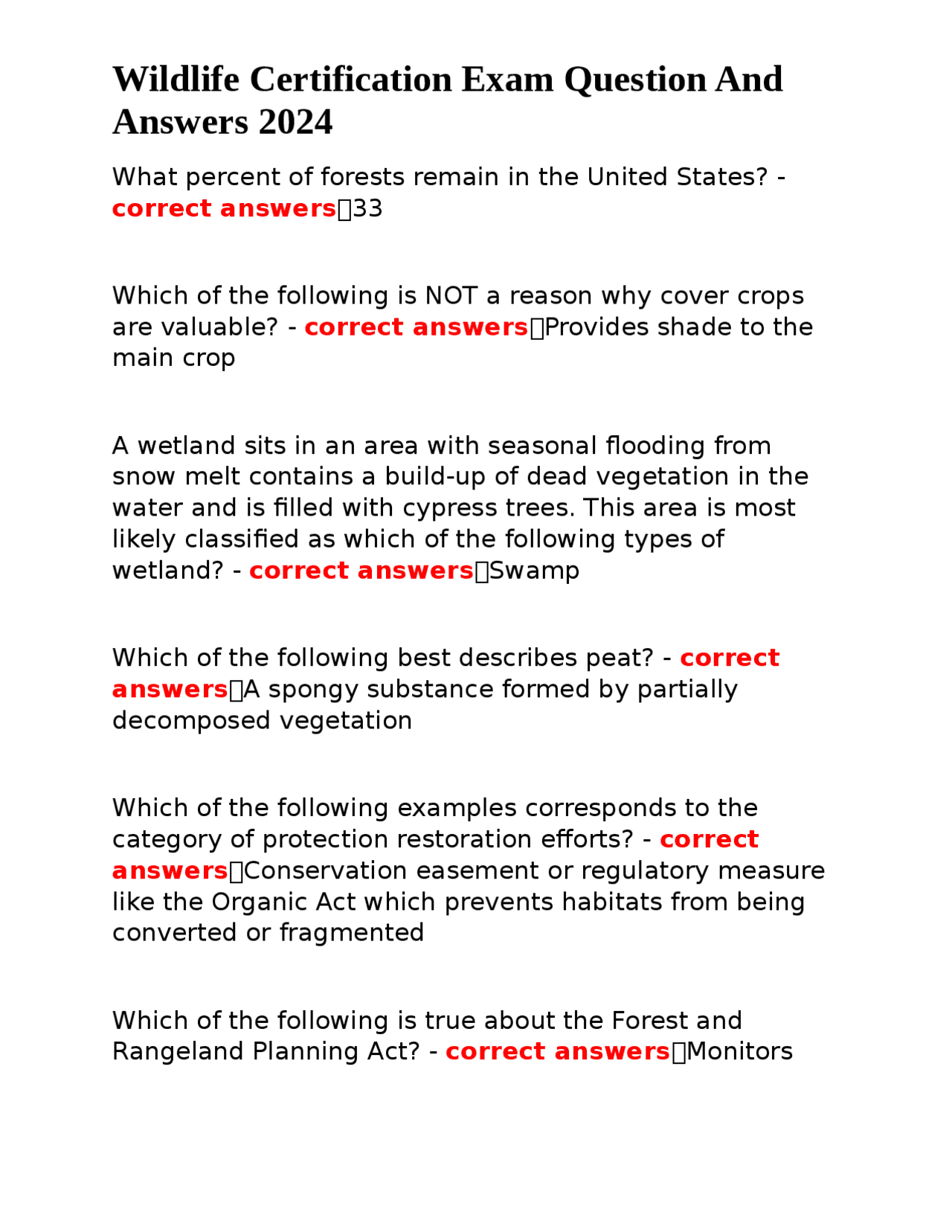 Wildlife Certification Exam Answers 2024 | Exams Nursing | Docsity