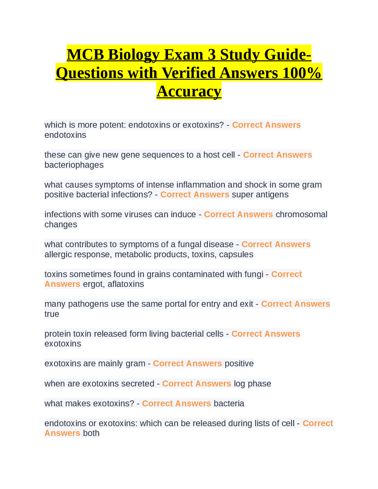 MCB Biology Exam 3 Study Guide-Questions with Verified Answers 100% ...