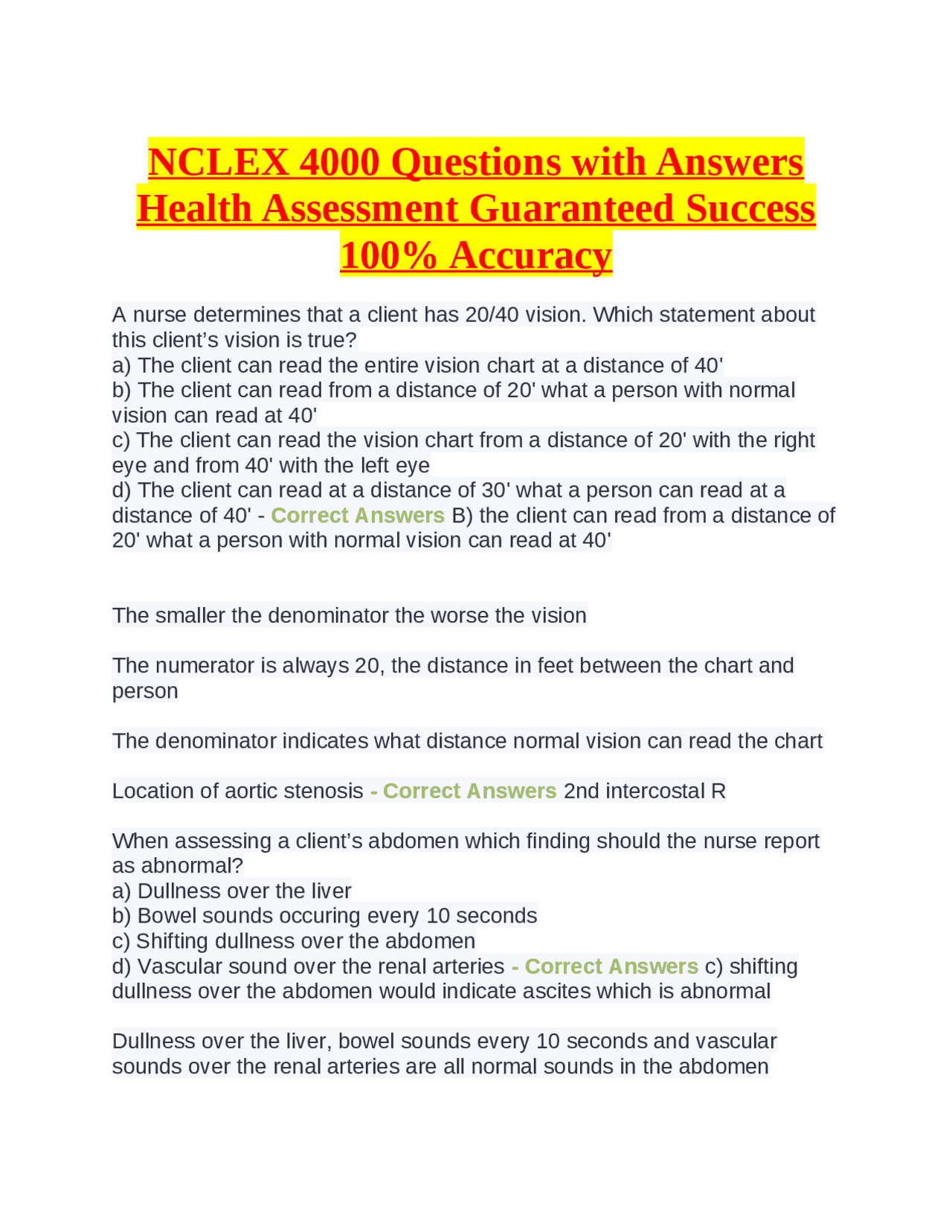 Nursing Assessment and Care Planning | Exams Health sciences | Docsity