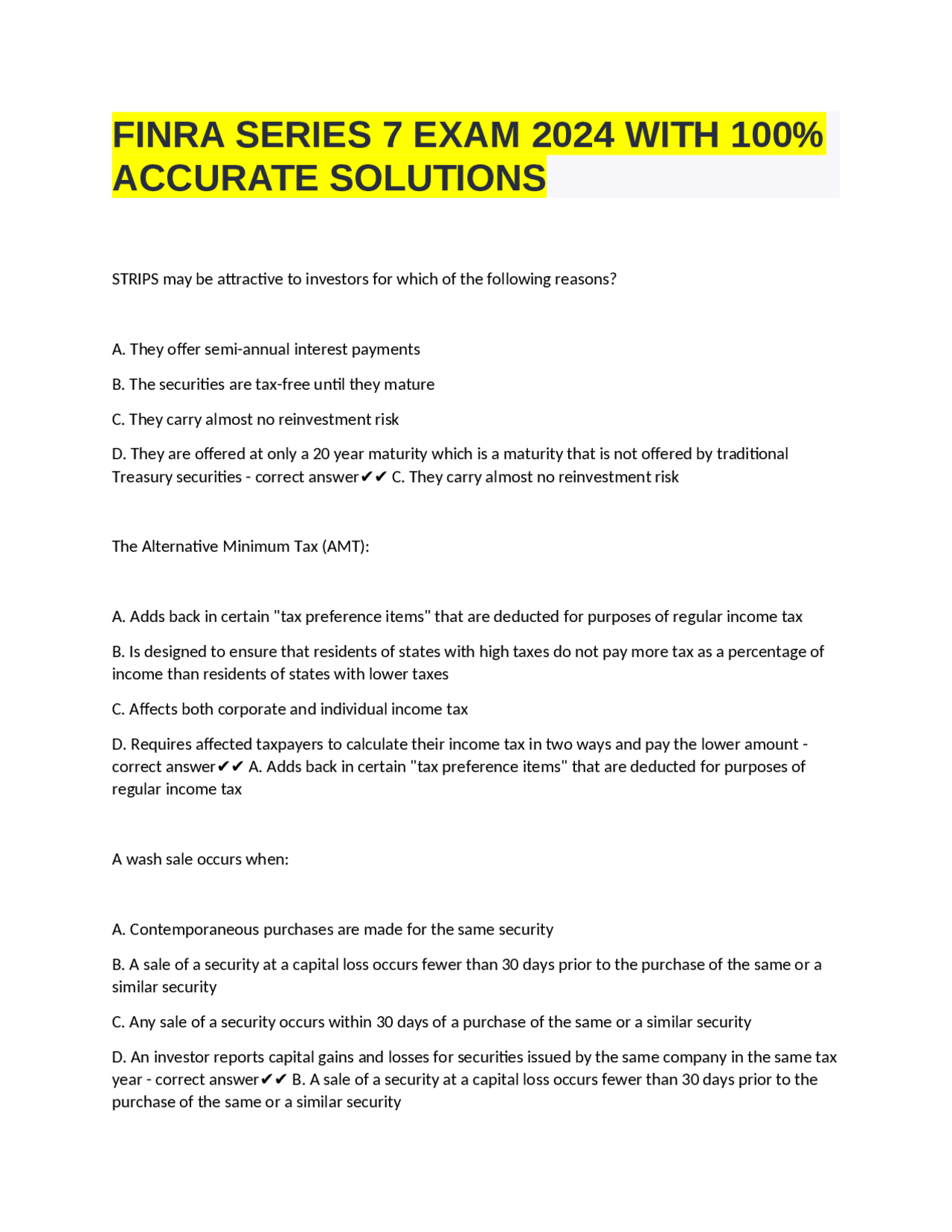 FINRA SERIES 7 EXAM 2024 WITH 100% ACCURATE SOLUTIONS | Exams Finance ...