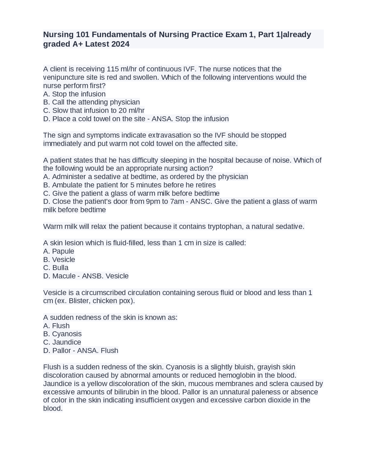 Nursing 101 Fundamentals of Nursing Practice Exam 1, Part 1 already ...