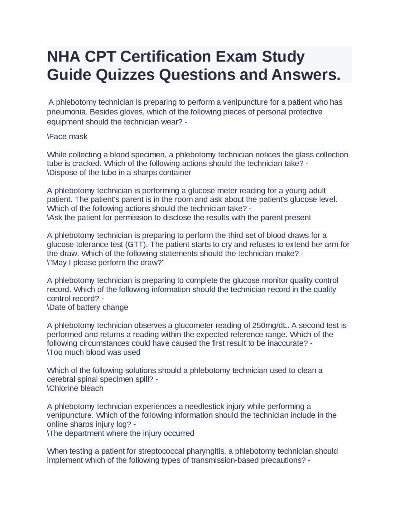 NHA CPT Certification Exam Study Guide Quizzes Questions and Answers ...