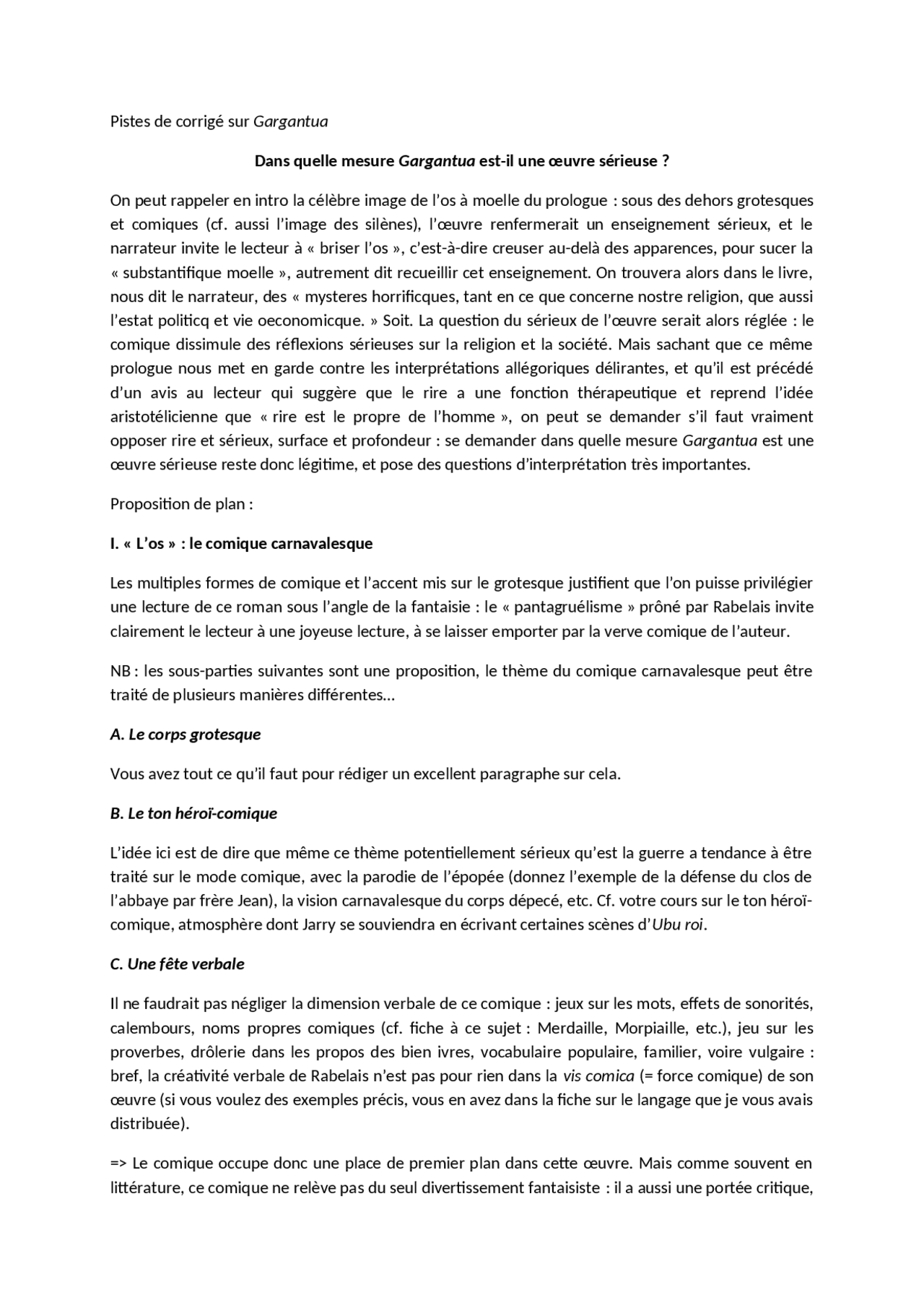 des pistes de corrigé de dissertation garaganttua | High school final ...