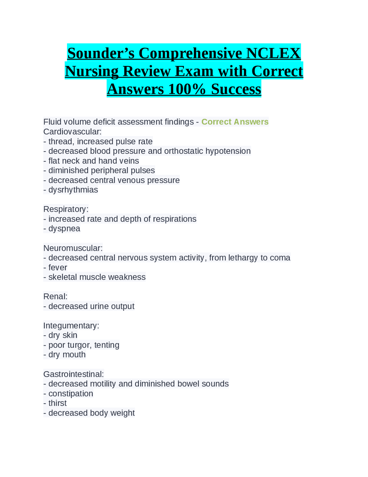Sounder’s Comprehensive NCLEX Nursing Review Exam with Correct Answers 100% Success | Exams ...