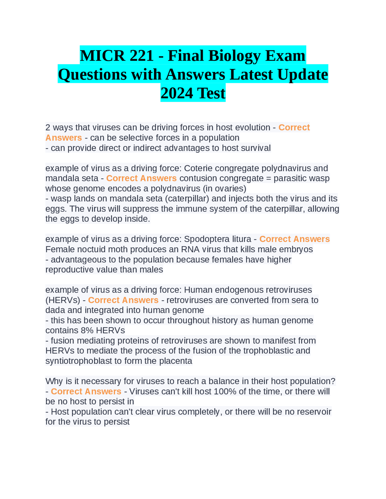 MICR 221 - Final Biology Exam Questions with Answers Latest Update 2024 ...