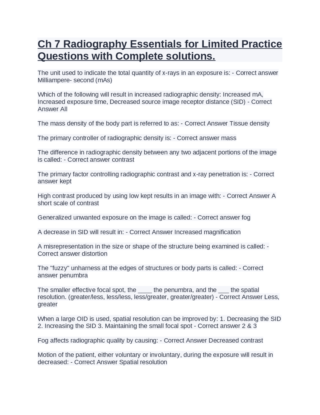 Ch 7 Radiography Essentials for Limited Practice Questions with ...