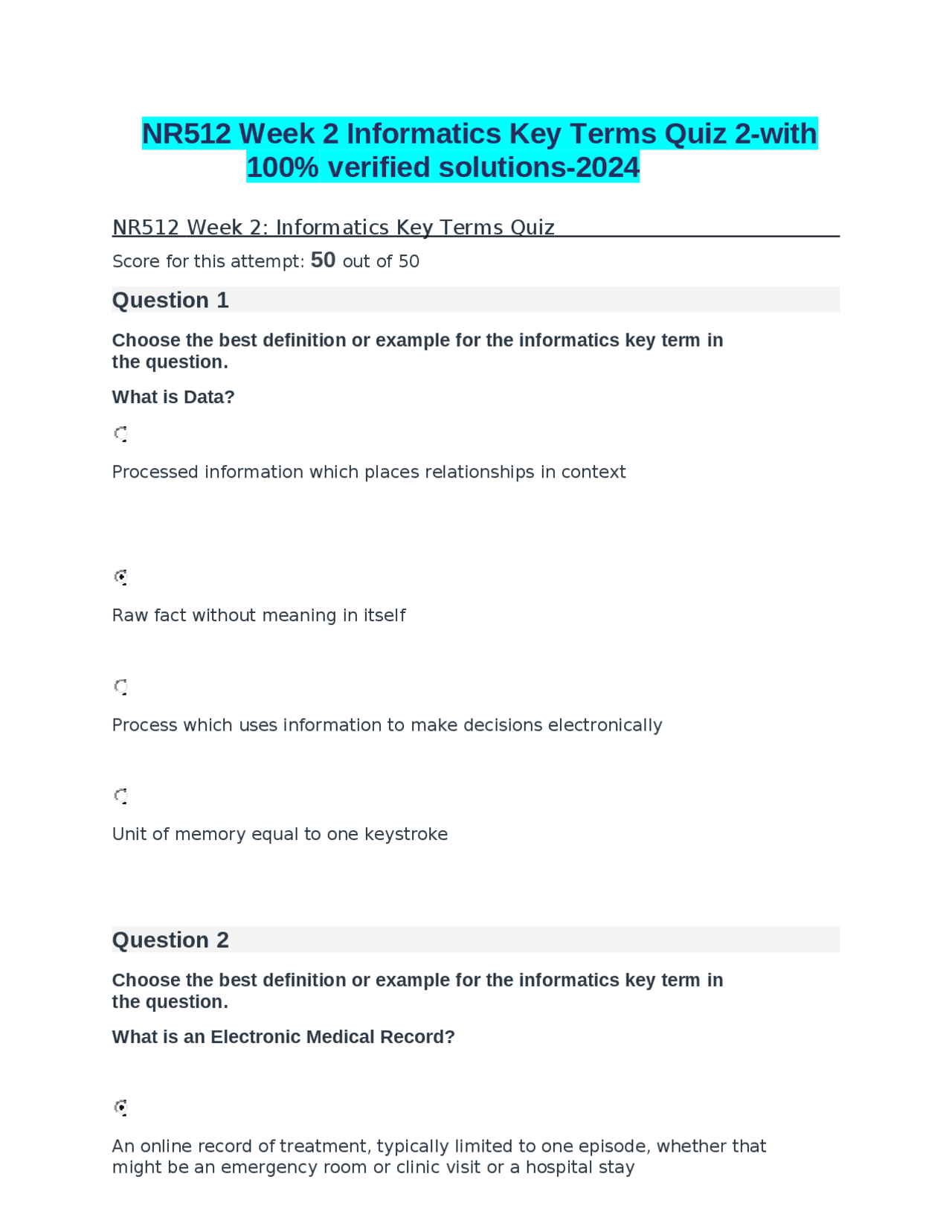 NR512 Week 2 Informatics Key Terms Quiz 2-with 100% verified solutions ...