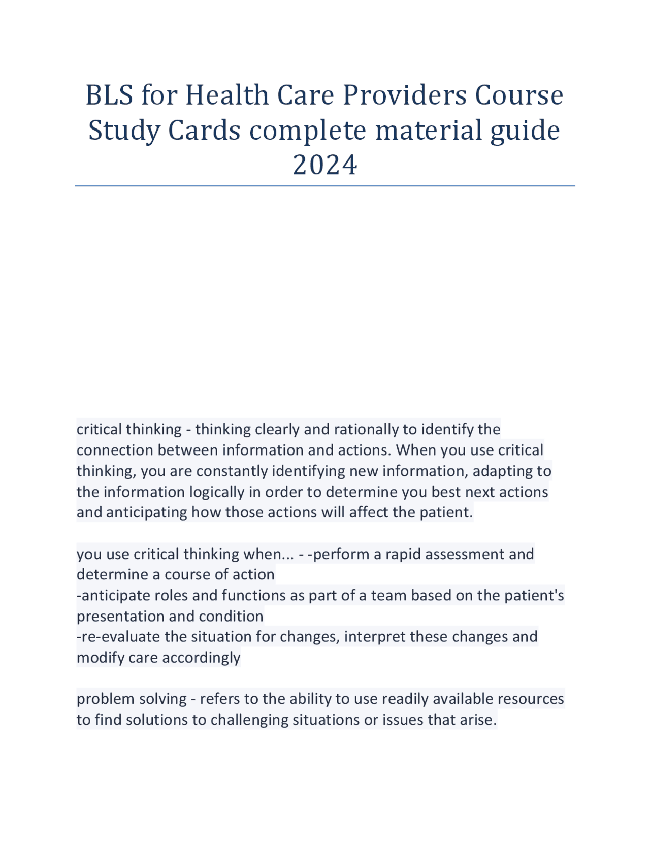 BLS for Health Care Providers Course Study Cards complete material ...