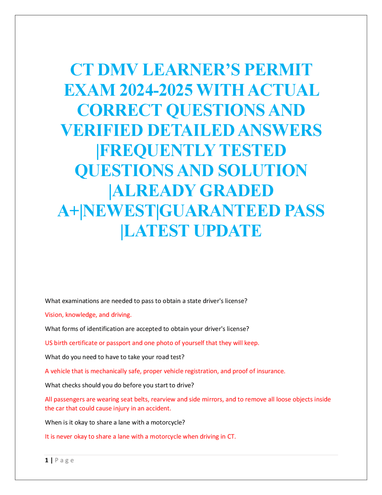 CT DMV LEARNER’S PERMIT EXAM 2024-2025 | Exams Nursing | Docsity