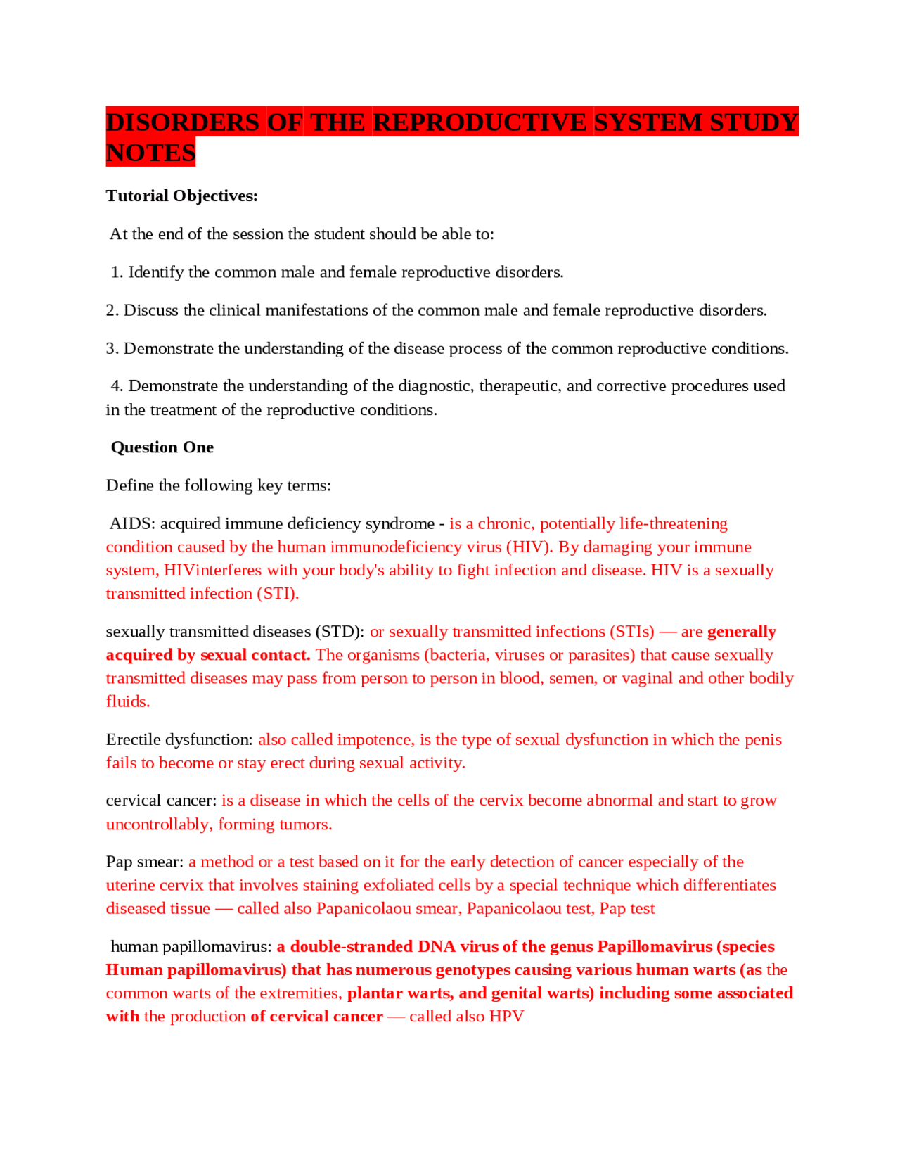 DISORDERS OF THE REPRODUCTIVE SYSTEM STUDY NOTES | Study Guides ...