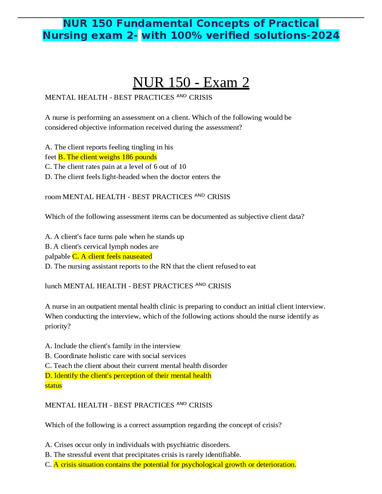 NUR 150 Fundamental Concepts of Practical Nursing exam 2- with 100% verified solutions-202 ...