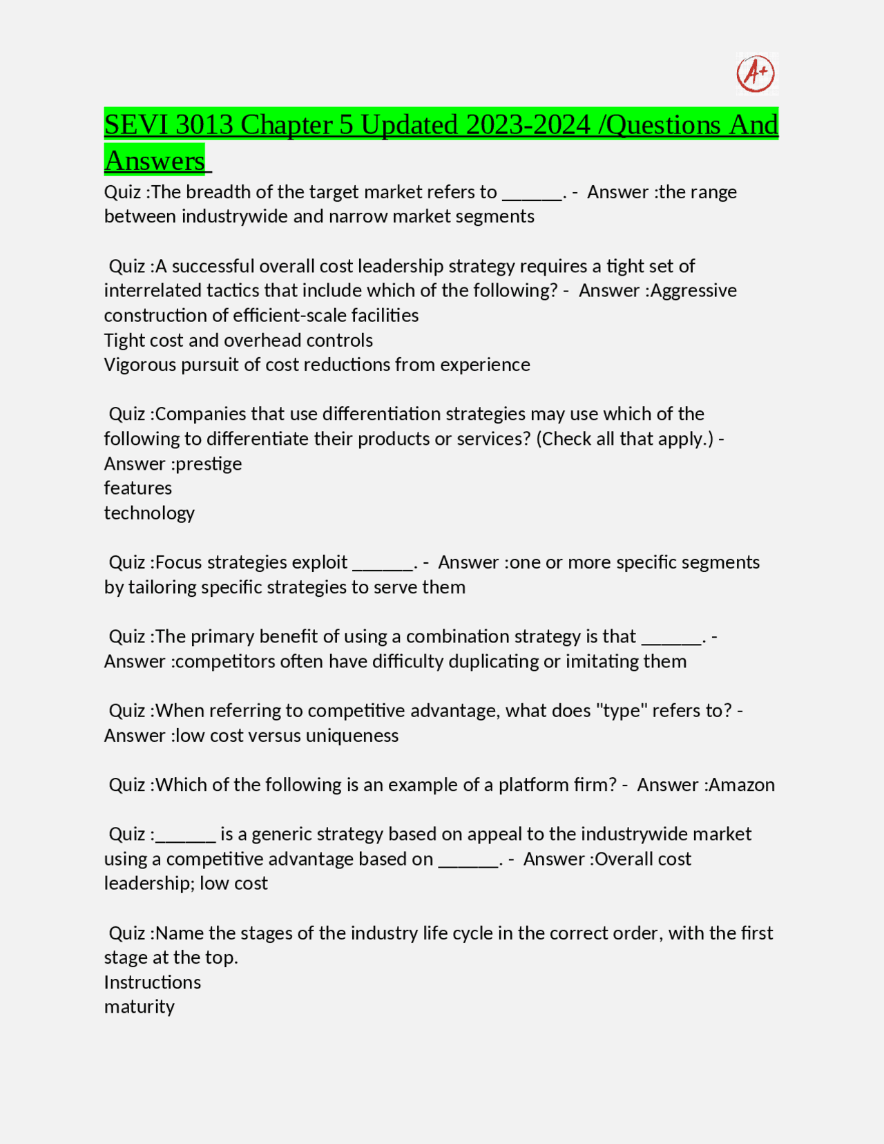 SEVI 3013 Chapter 5 Updated 2023-2024 /Questions And Answers | Exams ...