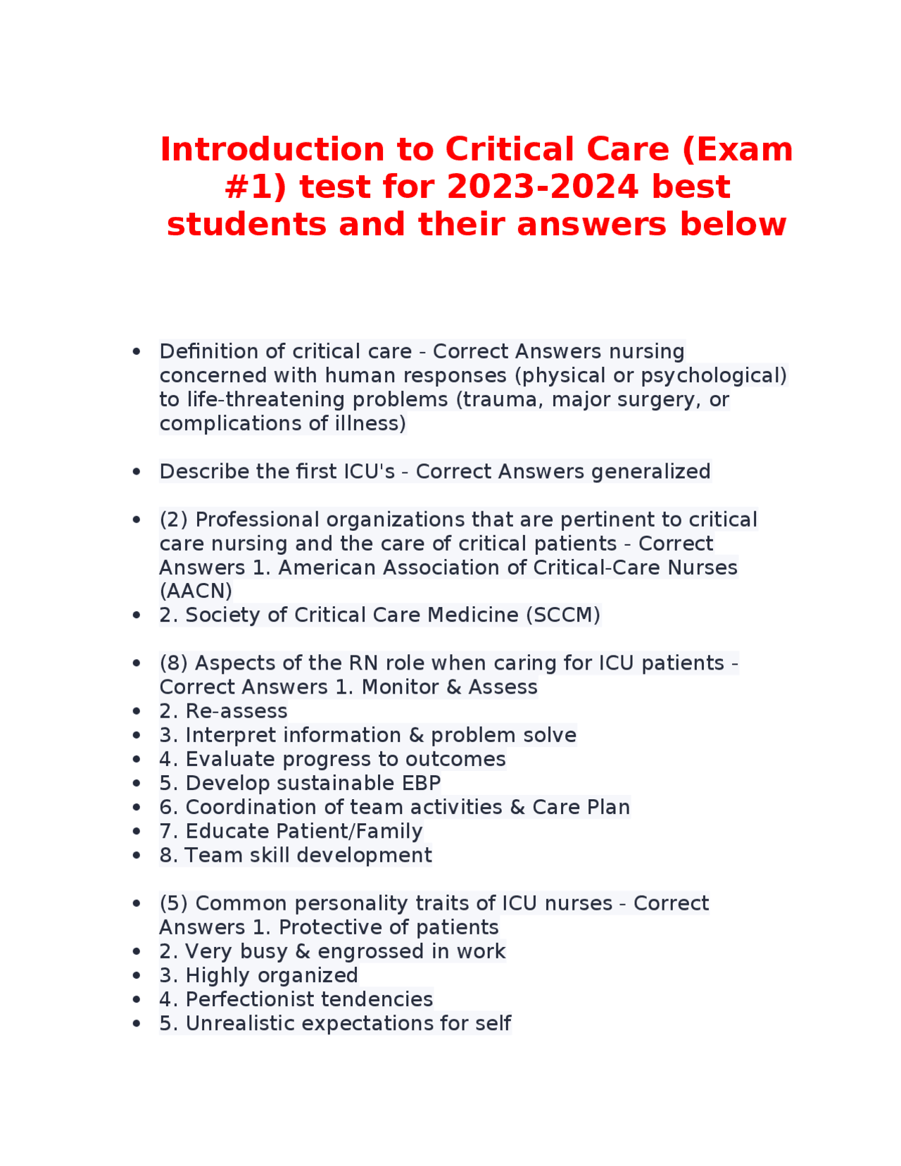 Introduction to Critical Care (Exam #1) test for 2023-2024 best ...