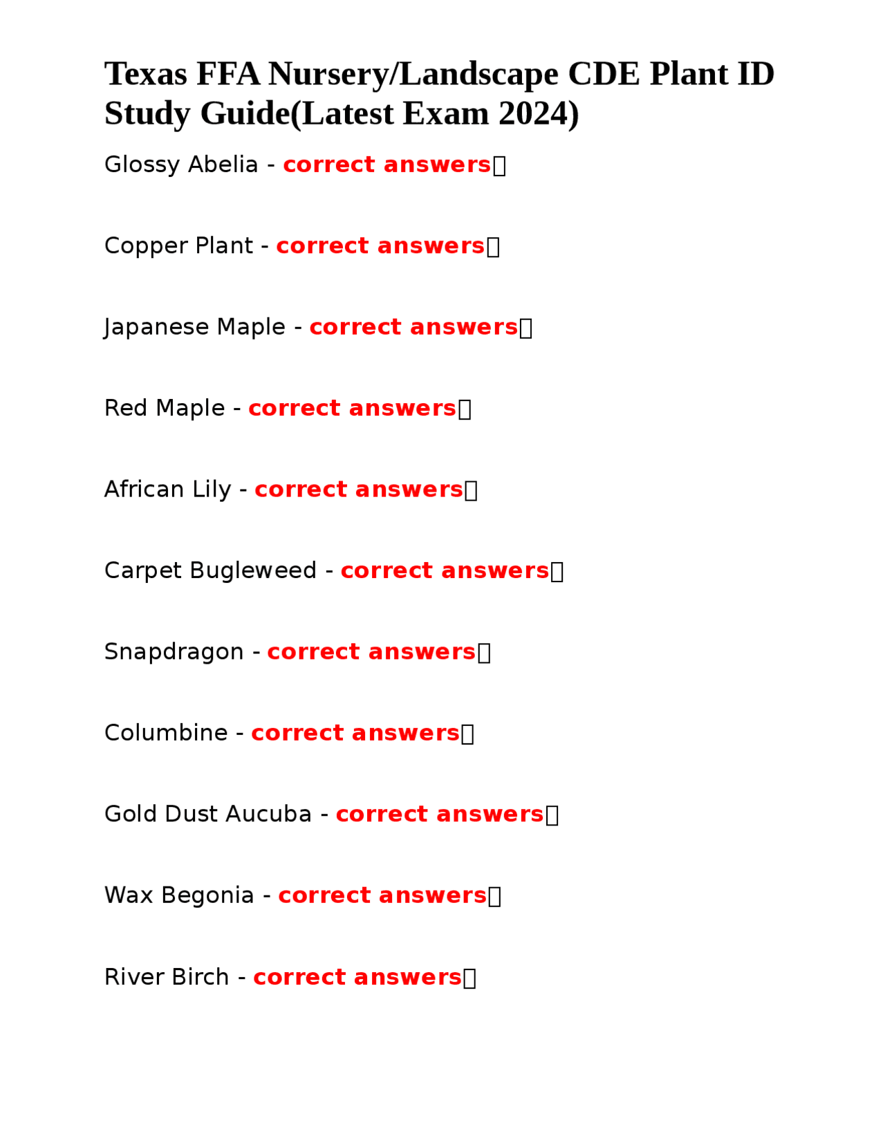 Texas FFA Nursery/Landscape CDE Plant ID Study Guide(Latest Exam 2024 ...