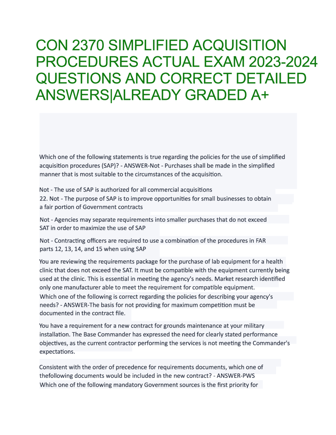 CON 2370 SIMPLIFIED ACQUISITION PROCEDURES ACTUAL EXAM 2023-2024 ...