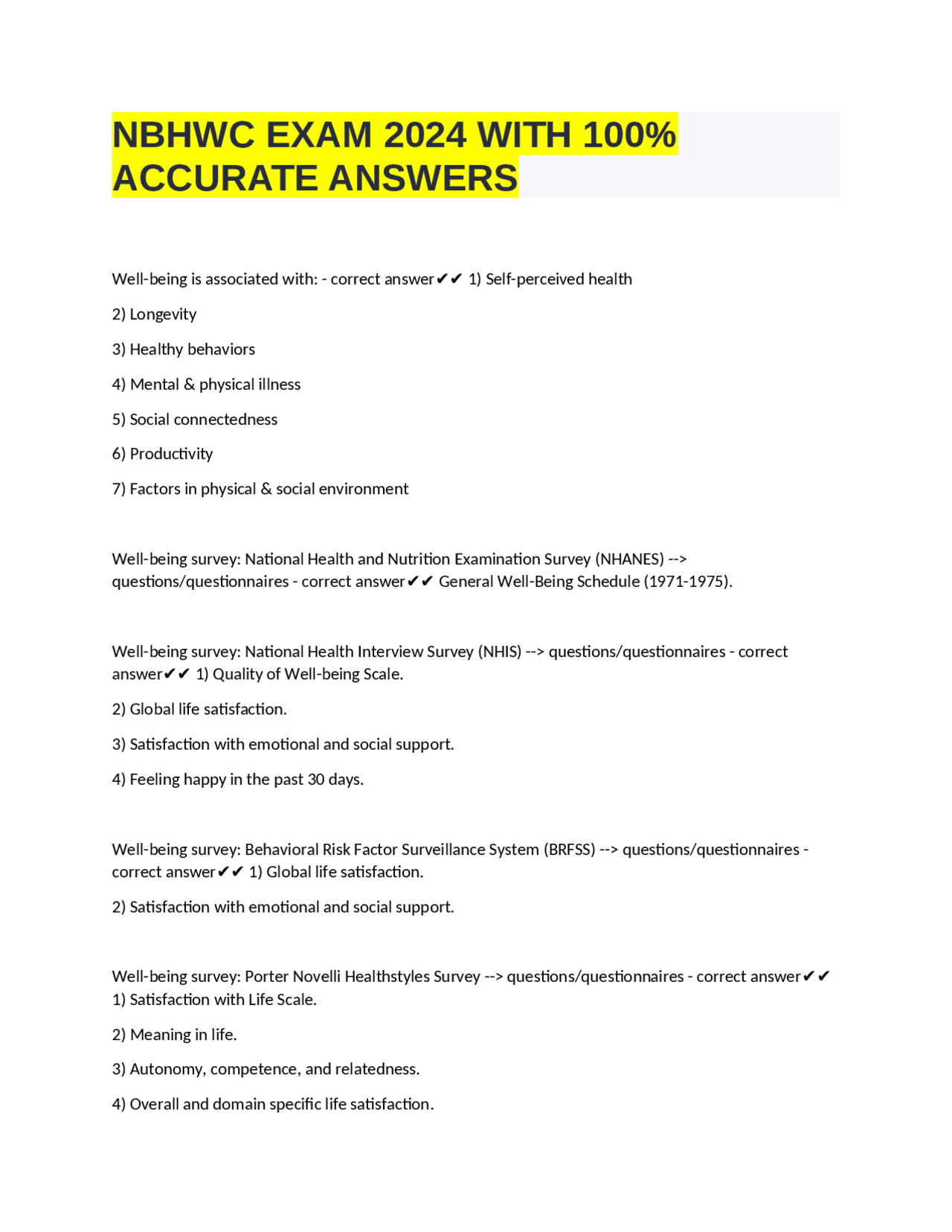 NBHWC EXAM 2024 WITH 100% ACCURATE ANSWERS | Exams Nursing | Docsity