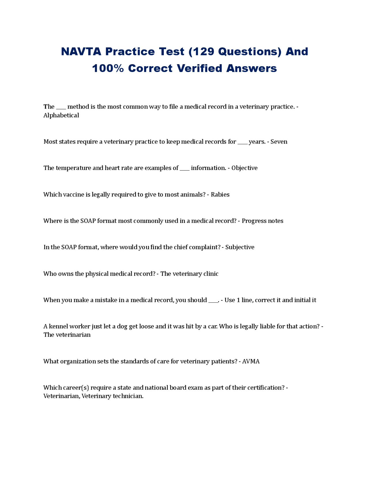 NAVTA Practice Test (129 Questions) And 100% Correct Verified Answers ...