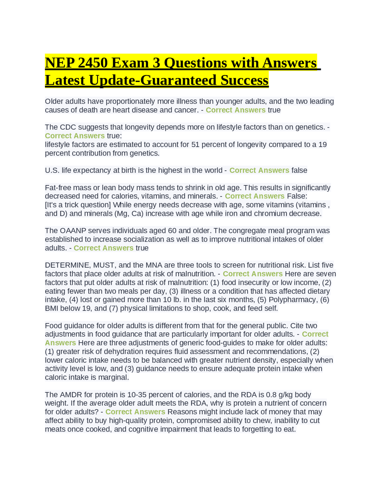 NEP 2450 Exam 3 Questions with Answers Latest Update-Guaranteed Success ...