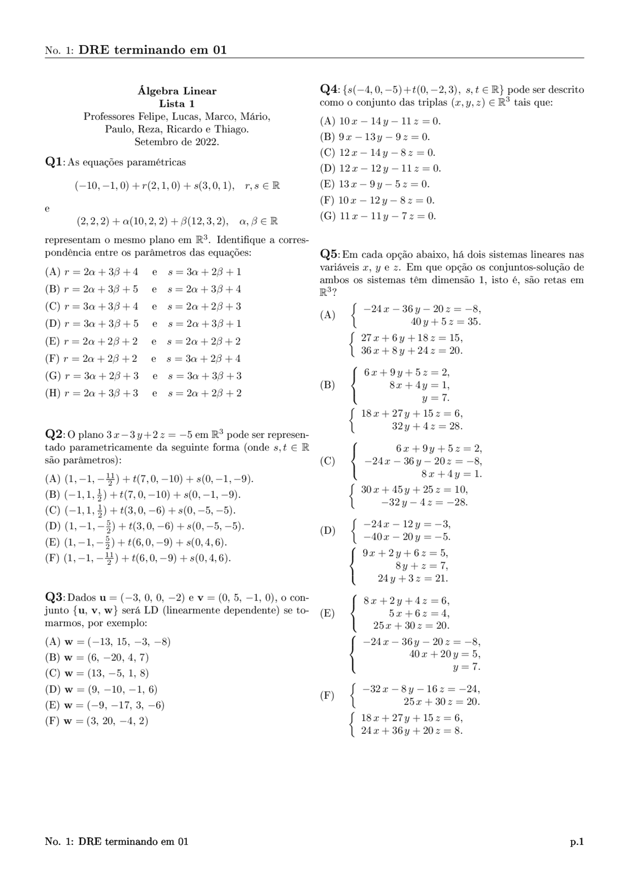 Lista de Álgebra Linear Completa | Exercícios Geometria Analítica e Álgebra Linear | Docsity