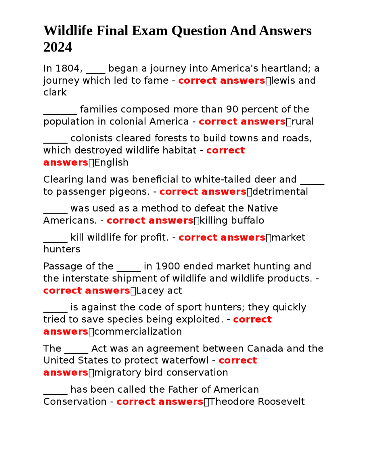 Wildlife Conservation and Management Exam Answers | Exams Nursing | Docsity