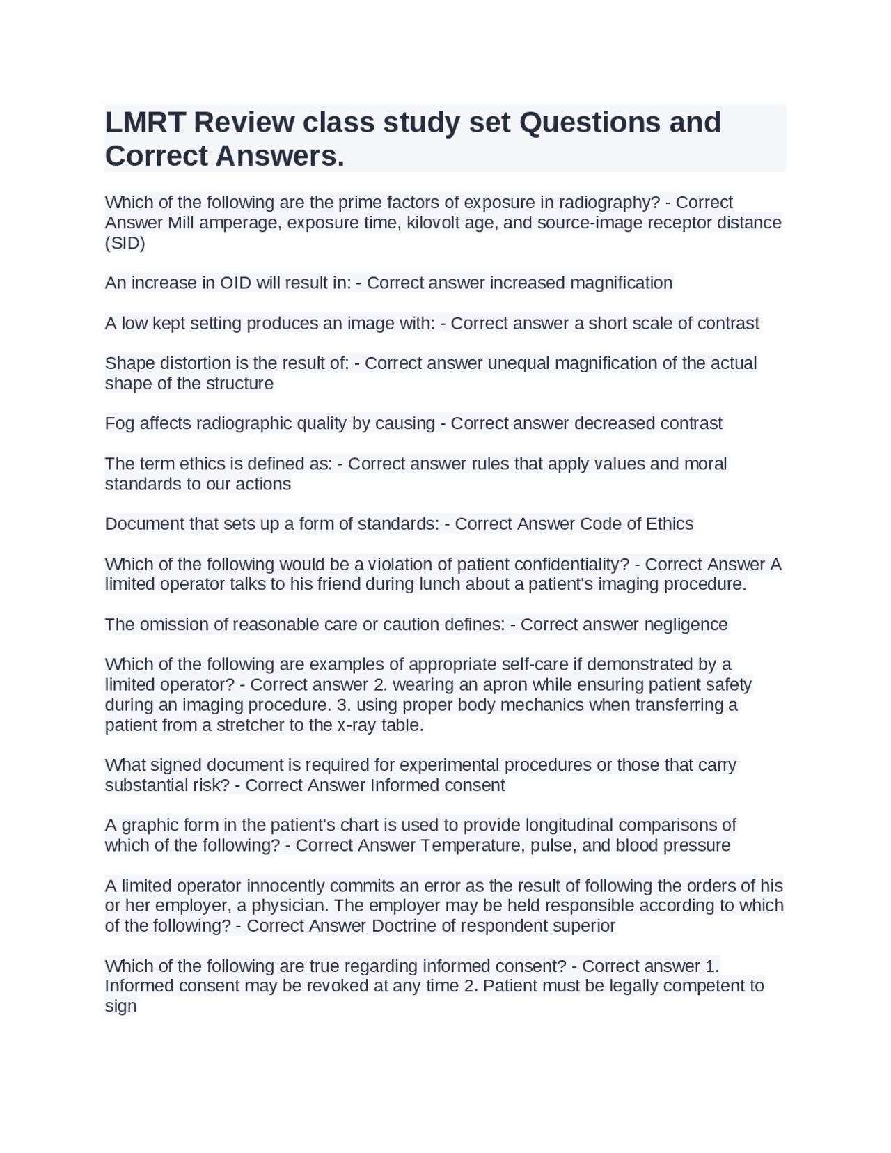 LMRT Review class study set Questions and Correct Answers. | Exams ...