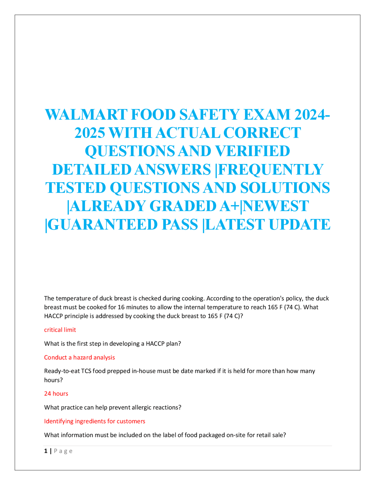 WALMART FOOD SAFETY EXAM 2024- 2025 | Exams Nursing | Docsity
