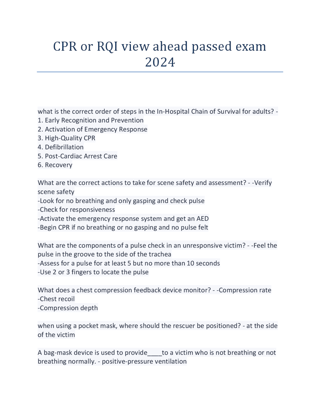 CPR or RQI view ahead passed exam 2024 | Exams Nursing | Docsity