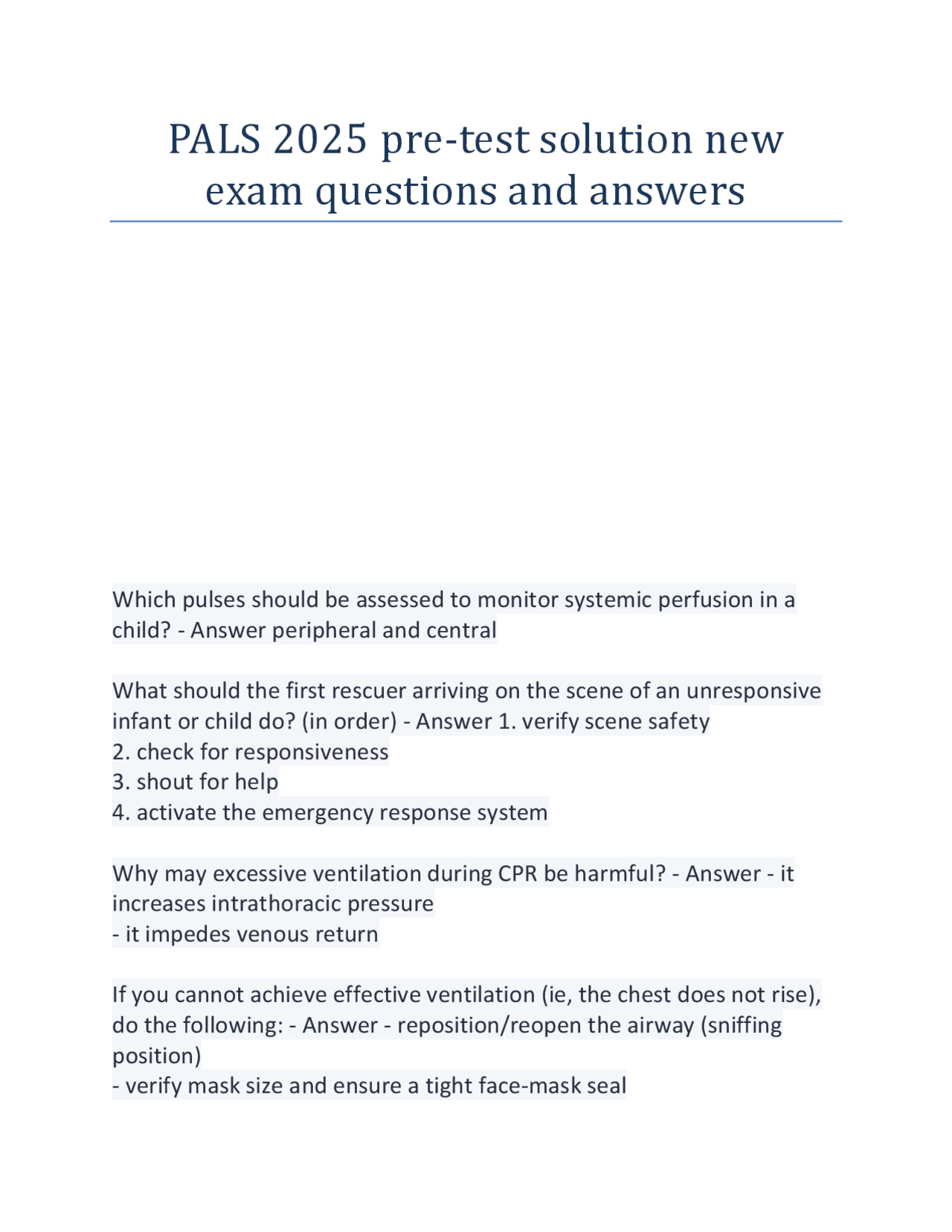PALS 2025 pre-test solution new exam questions and answers | Exams ...
