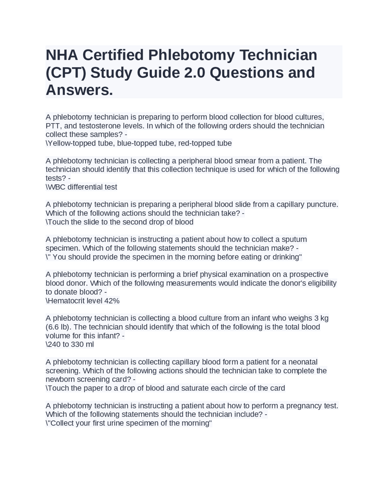 NHA Certified Phlebotomy Technician (CPT) Study Guide 2.0 Questions and ...