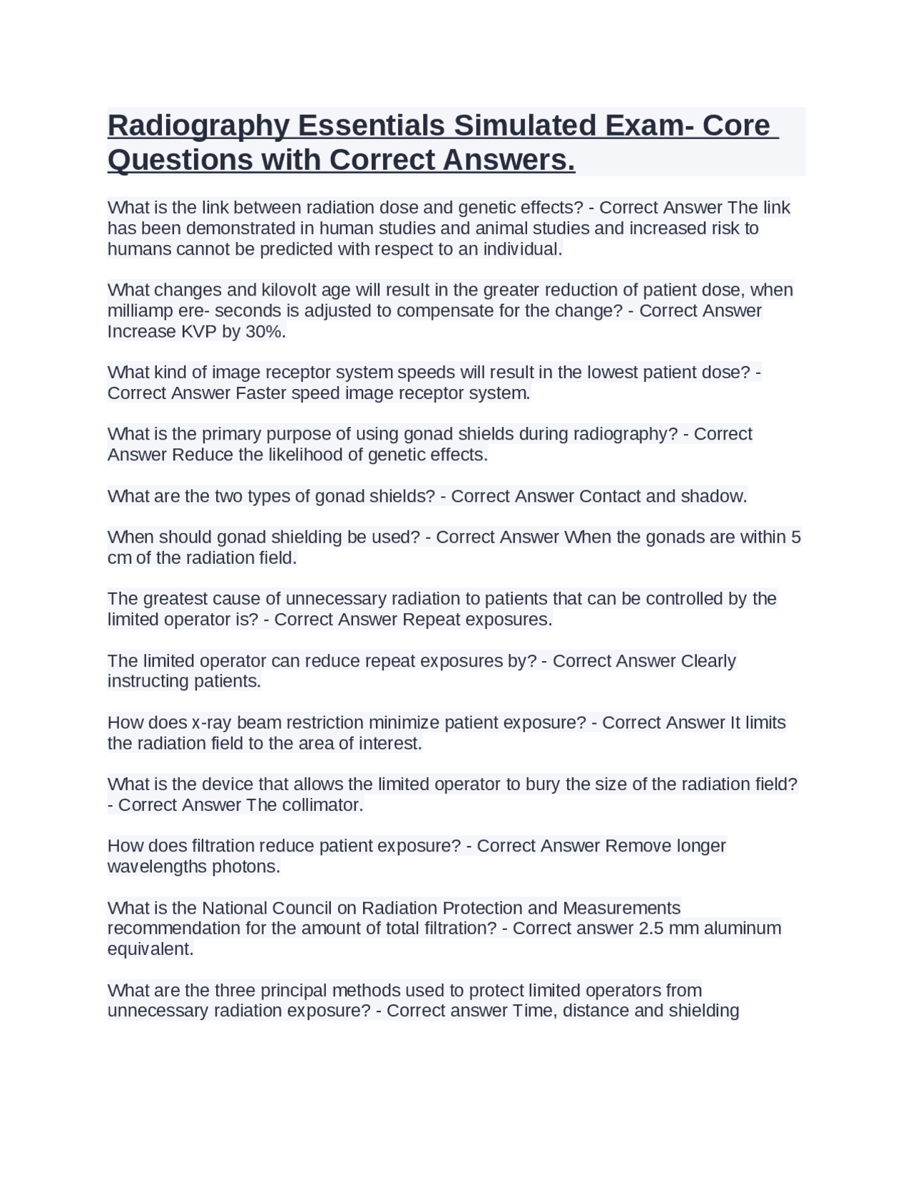 Radiography Essentials Simulated Exam- Core Questions with Correct ...