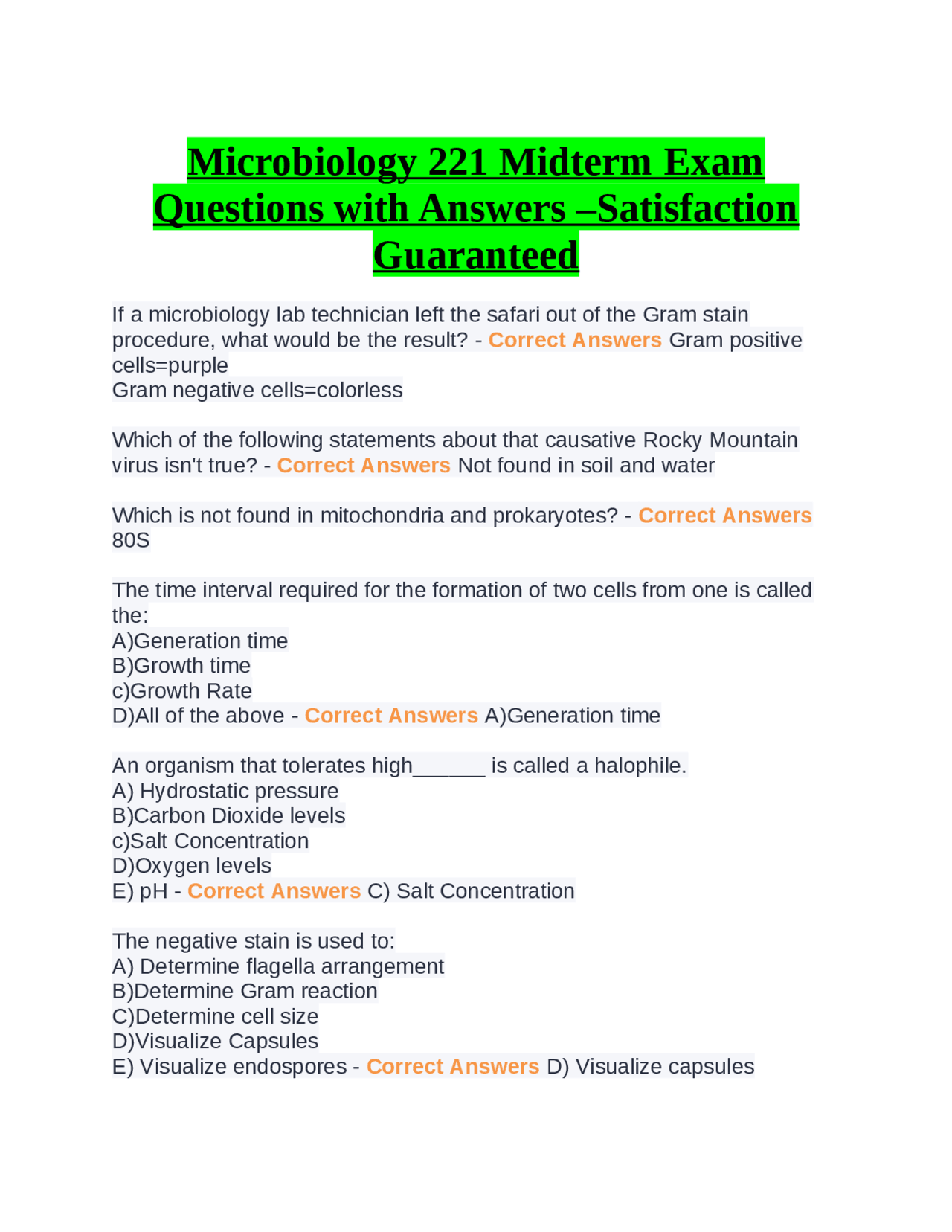 Microbiology 221 Midterm Exam Questions with Answers –Satisfaction ...