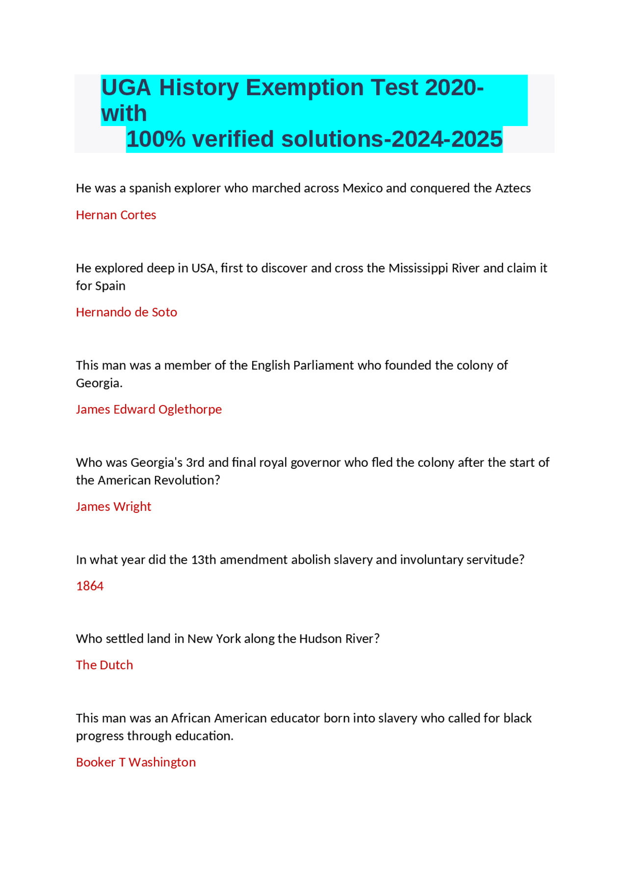 UGA History Exemption Test 2020-with 100% verified solutions-2024-2025 ...