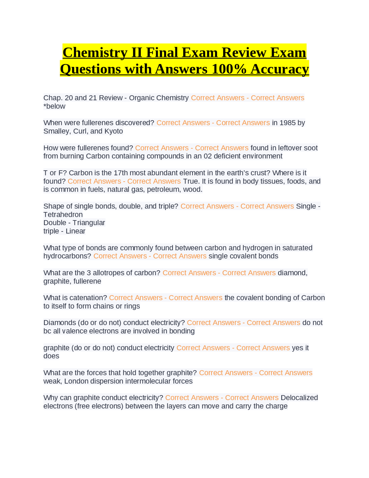 Chemistry II Final Exam Review Exam Questions with Answers 100% ...