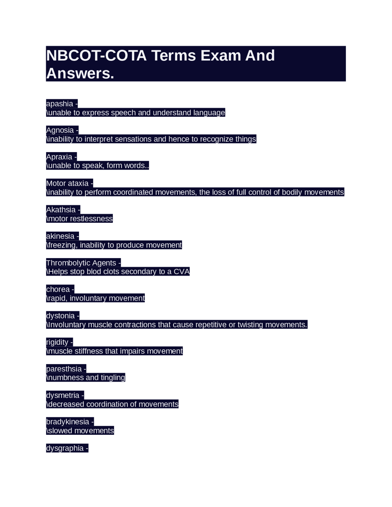 NBCOT-COTA Terms Exam And Answers. | Exams Occupational therapy | Docsity