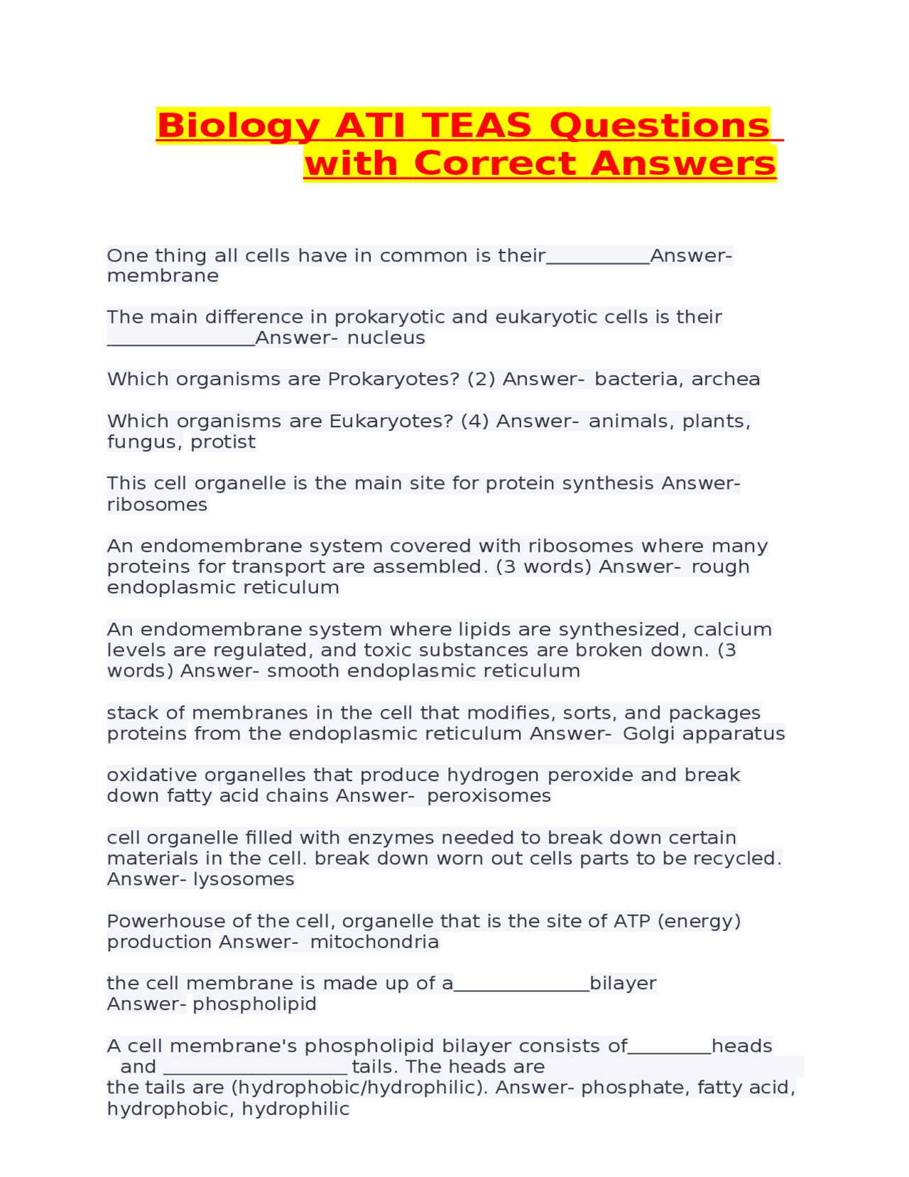 Biology ATI TEAS Questions with Correct Answers | Study notes Nursing ...