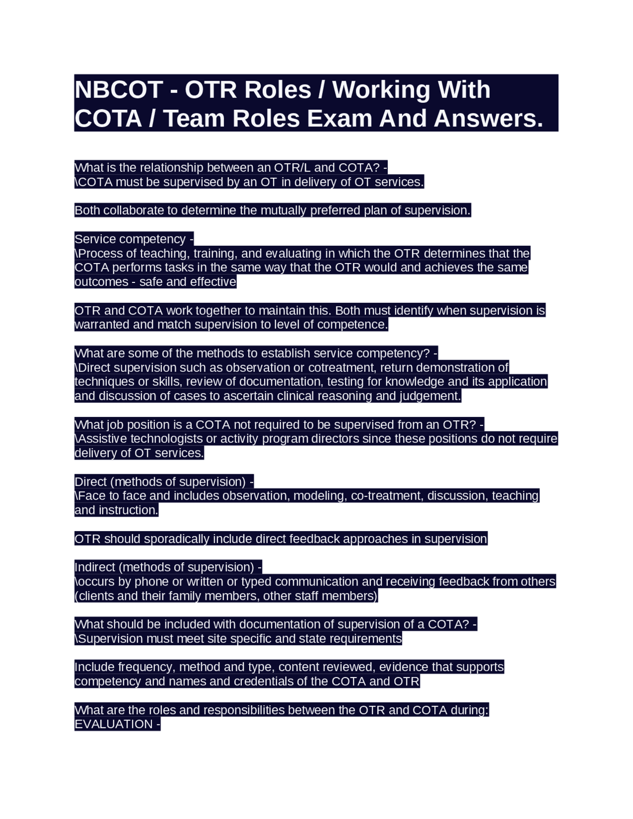 NBCOT - OTR Roles / Working With COTA / Team Roles Exam And Answers ...